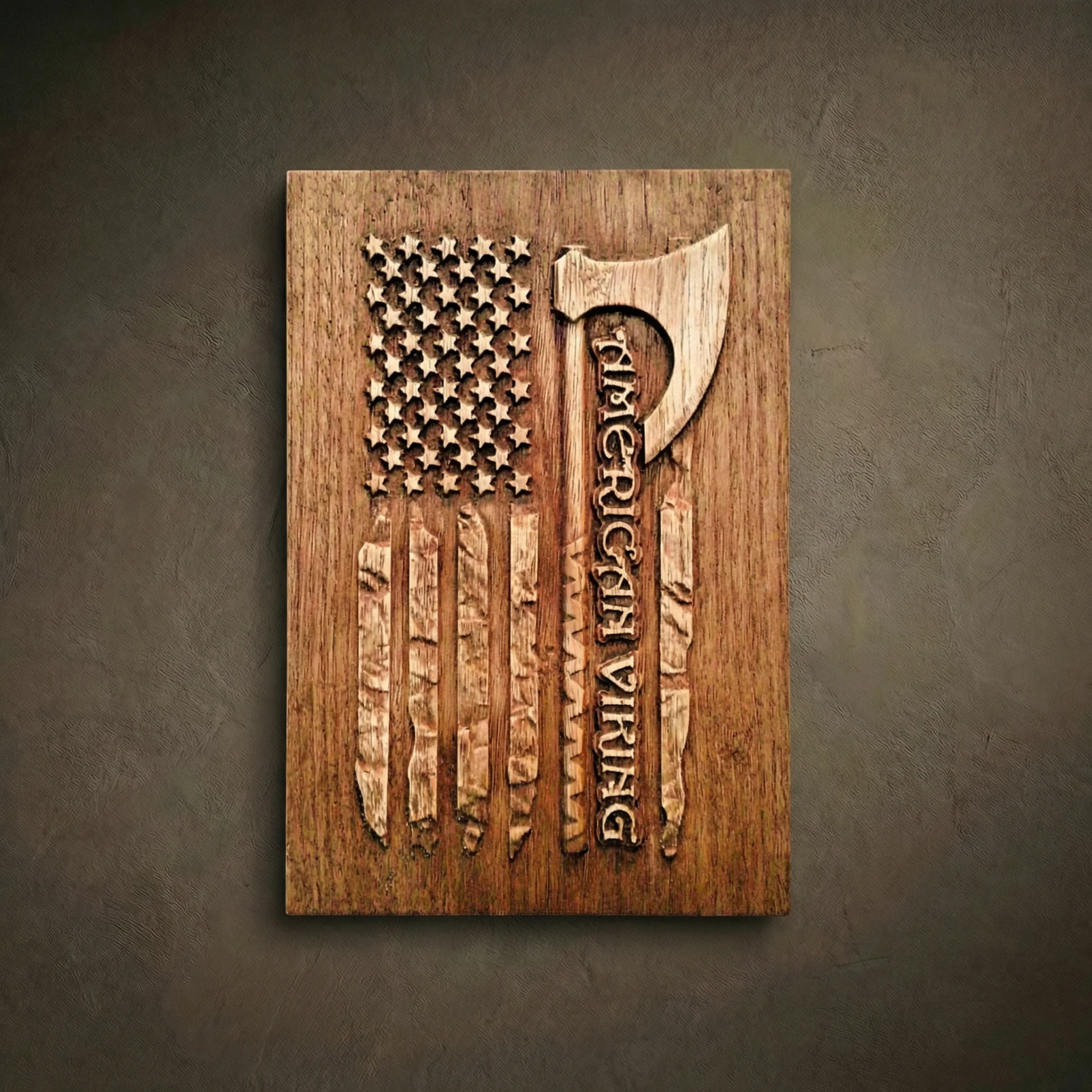 Hand Carved Wood American Viking Flag: Norse Gods Wall Art - Forged in Wood