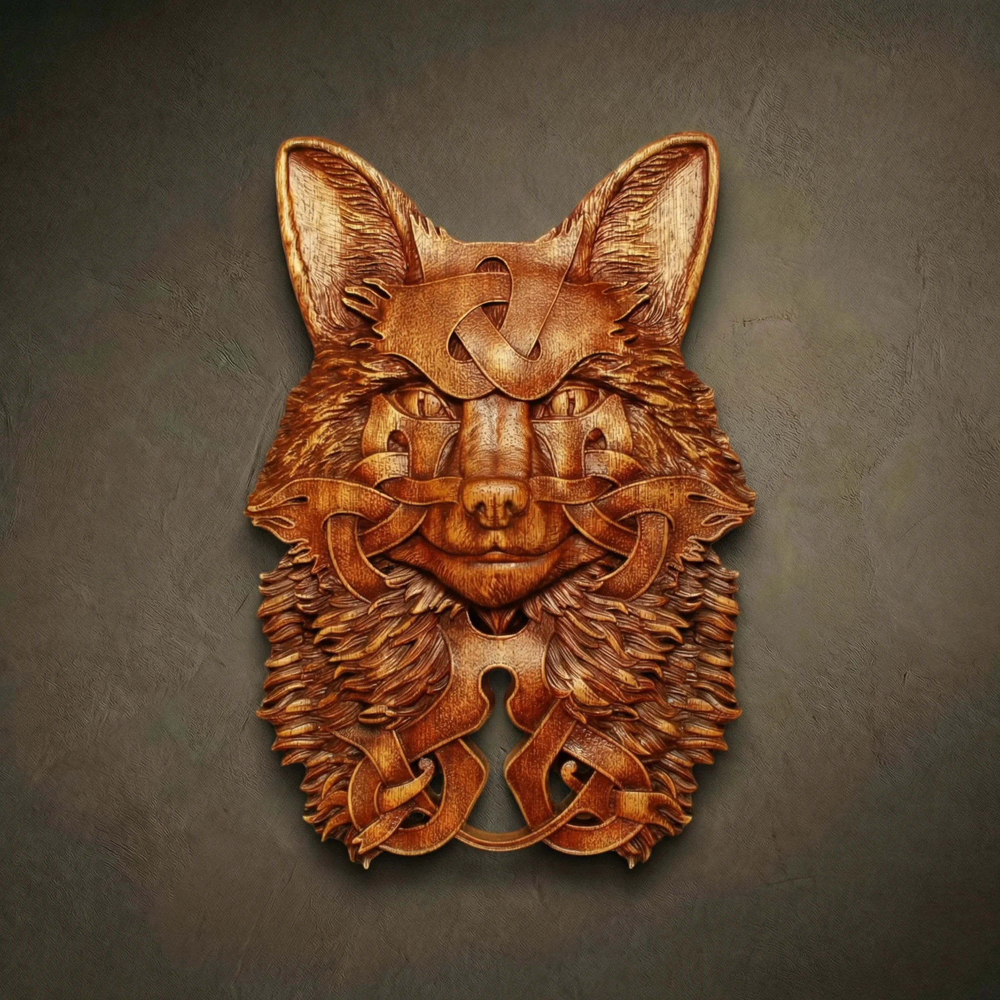 Iroko Wood Carving, Fox Norse Totem, Celtic Art - Forged in Wood