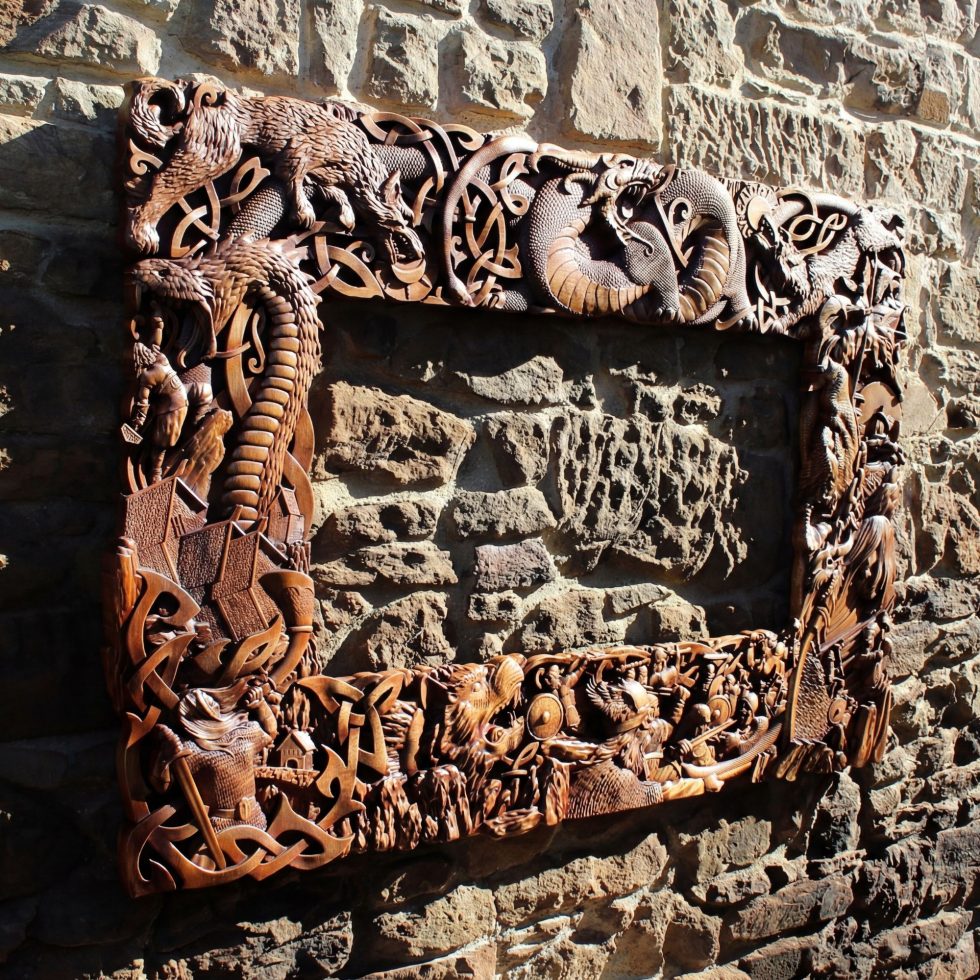 Viking Wood Carving Frame, Ragnarok Decor, Asgard Home Picture - Forged ...