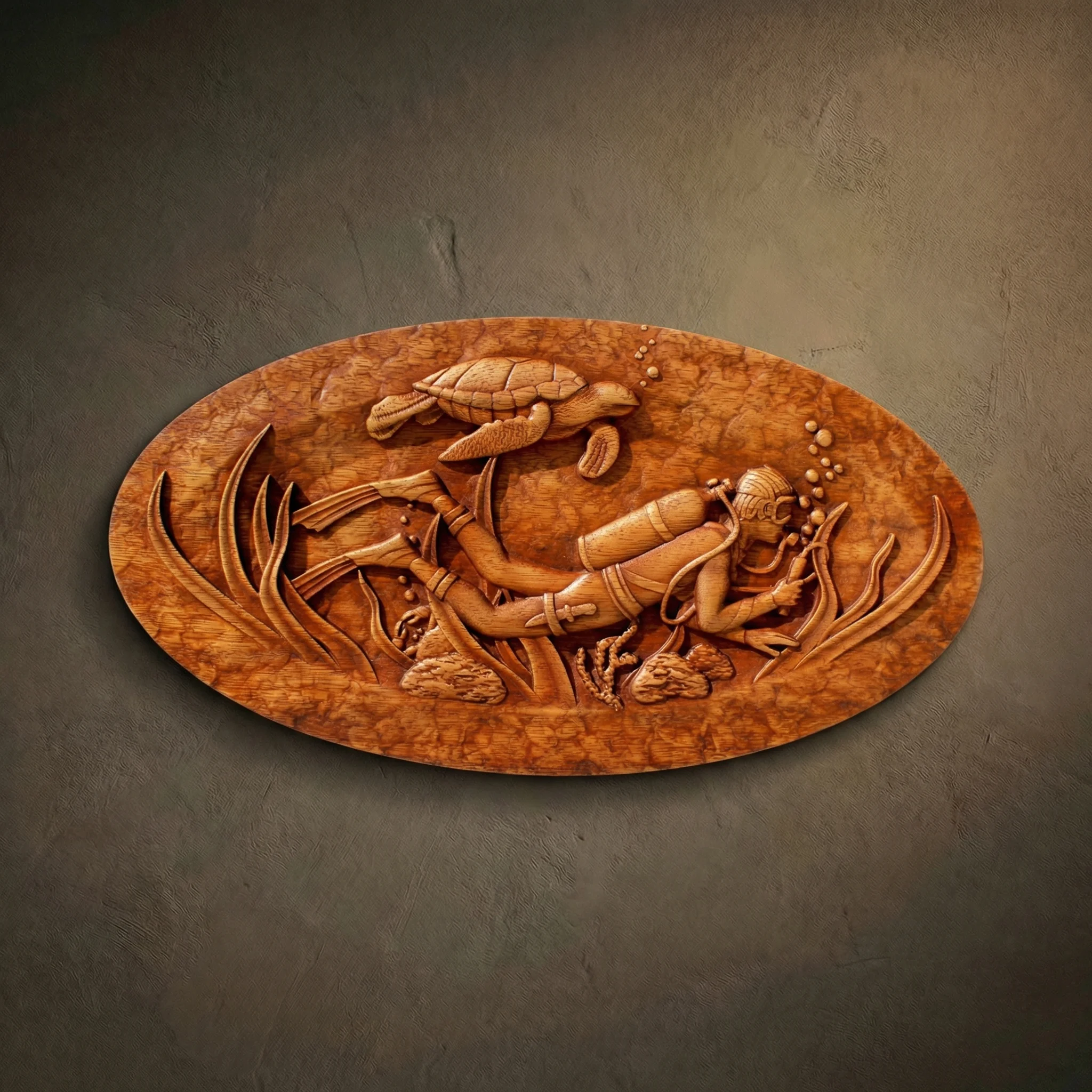 Iroko Wood Carving – Diver and Turtle Nautical Wall Art (17x9 Inches ...