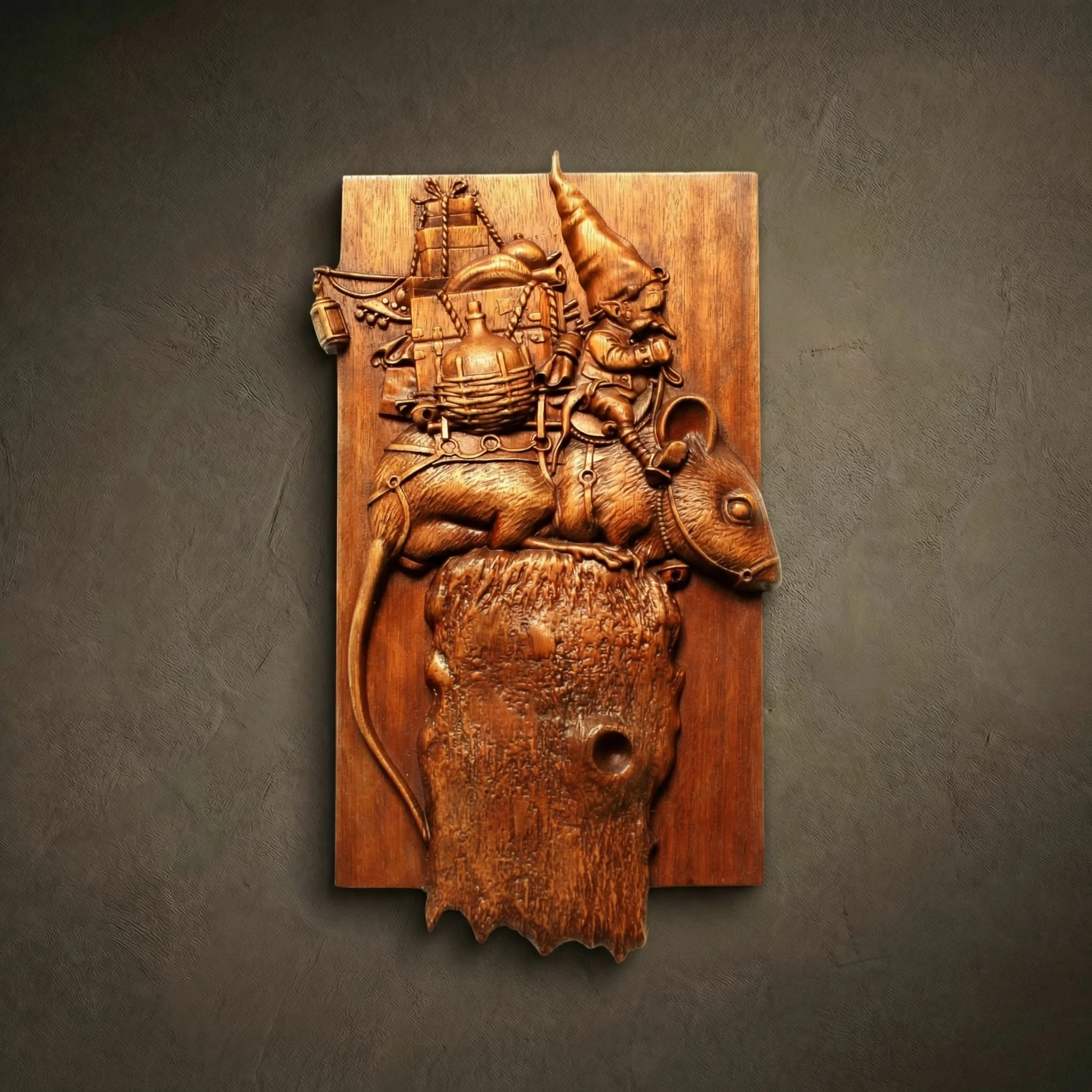 Hand Carved Iroko Wood Fairy Tale, Gnome Riding Mouse, Wall Art ...