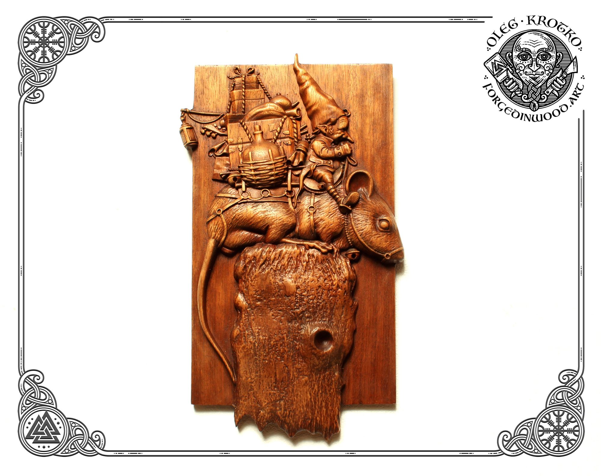 Hand Carved Iroko Wood Fairy Tale, Gnome Riding Mouse, Wall Art ...
